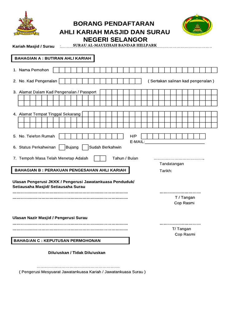 Borang Daftar Kariah Surau Al Mauizhah 230825 201930 Pdf