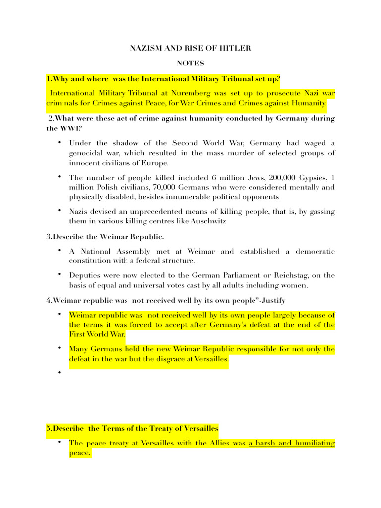Nazism - and - Rise - of - Hitler Notes Ncert | PDF | Nazi Germany ...