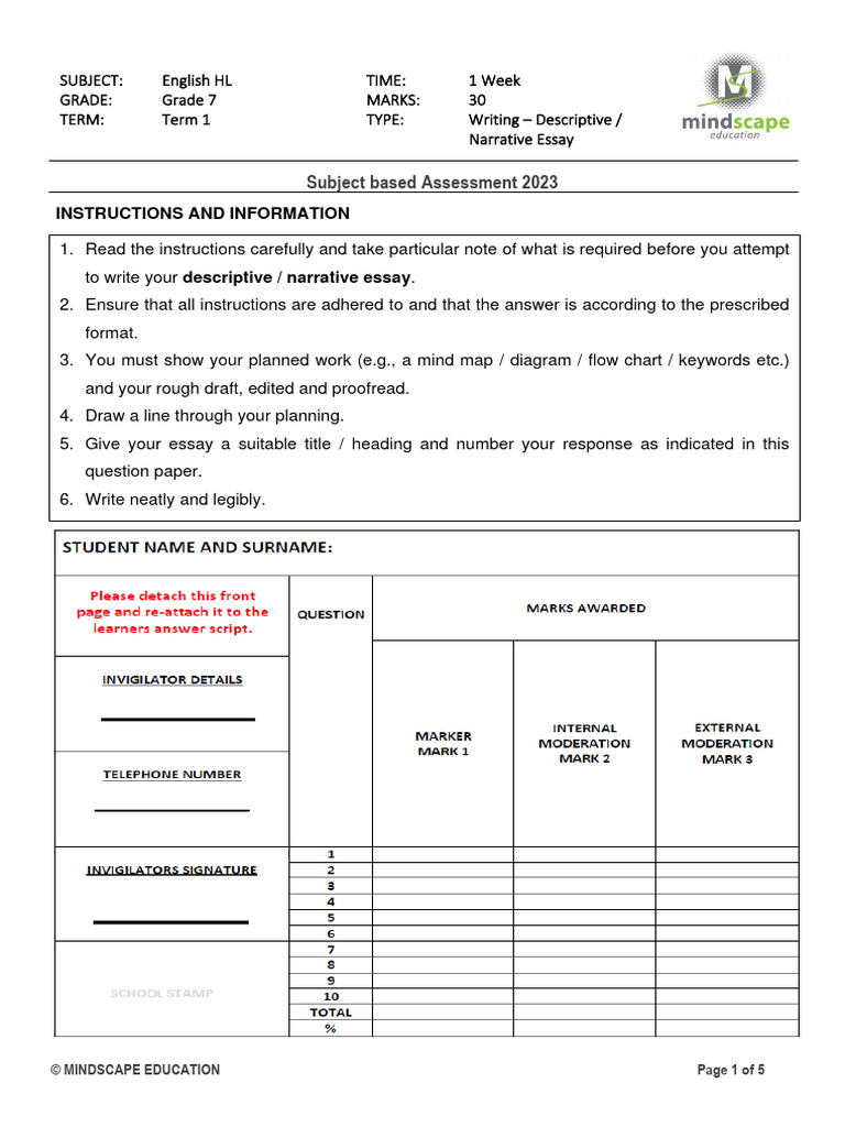 Grade 7 English HL T1 Essay Writing Task_QP Rubric | PDF | Essays | Narrative