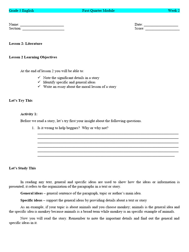 G5 Eng 1st Quarter Lit WK 2 | PDF