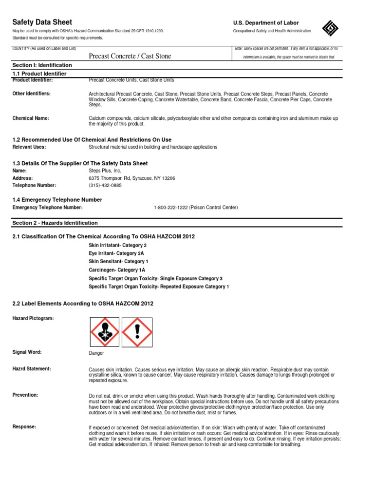 SDS Steps Plus Inc Precast Concrete Cast Stone 2018 | PDF | Toxicity ...
