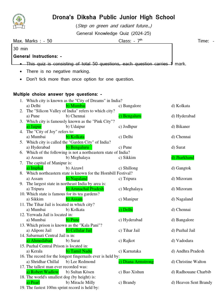 Class - 7th GK Quiz | PDF