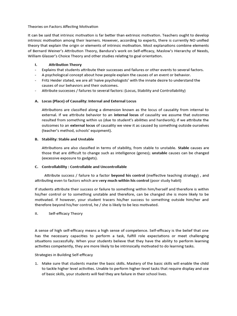 Theories On Factors Affecting Motivation | PDF | Self Efficacy | Motivational