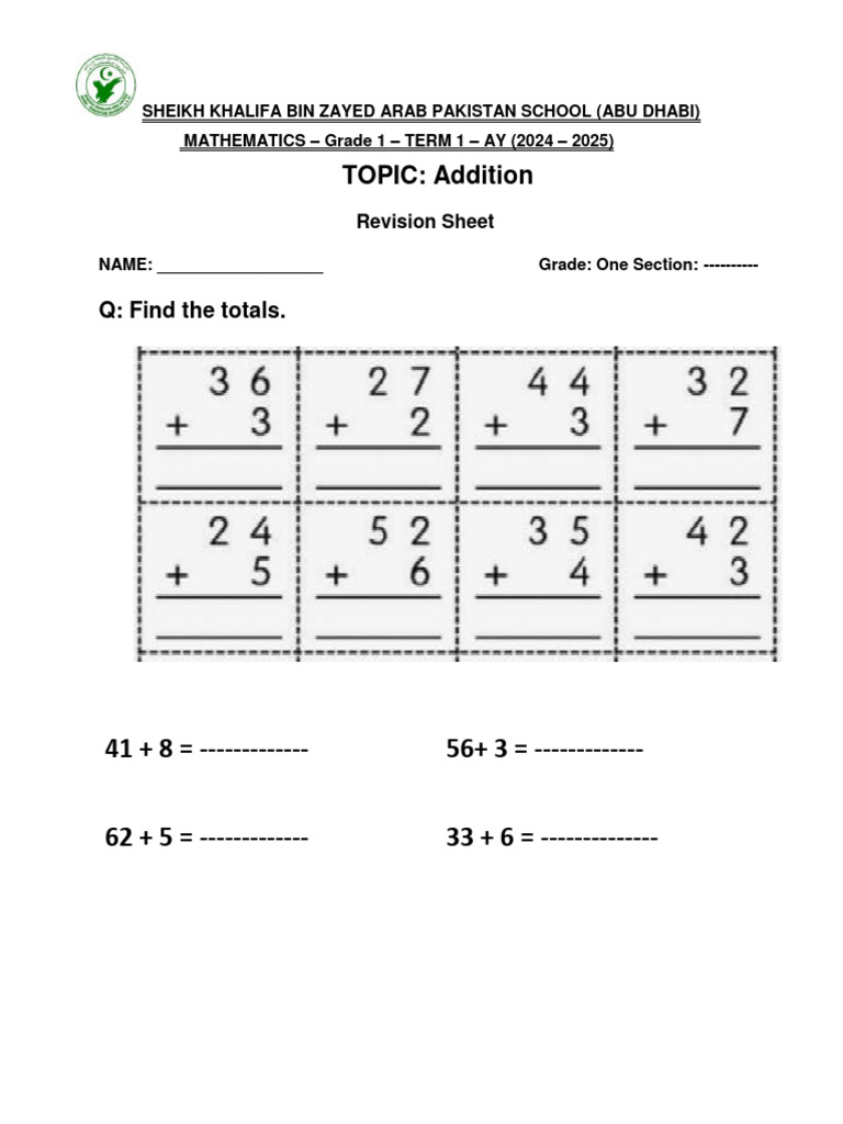Grade 1 Math Addition Revision Sheet | PDF