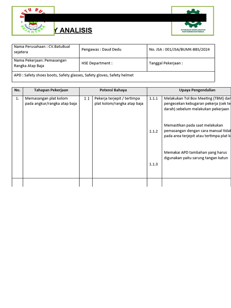 Form JSA CV - Pemasangan Rangka Atap Baja | PDF Form JSA CV - Pemasangan Rangka Atap Baja | PDF