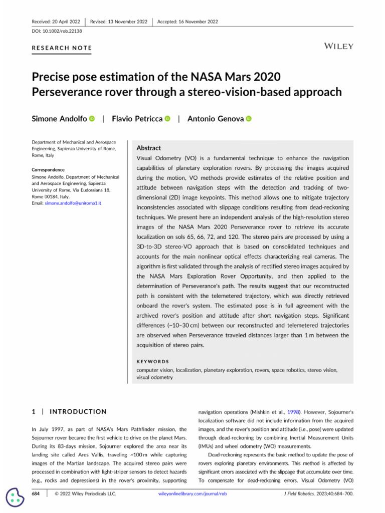 Precise Pose Estimation of The NASA Mars 2020 Perseverance Rover Through A Stereo Vision Based ...