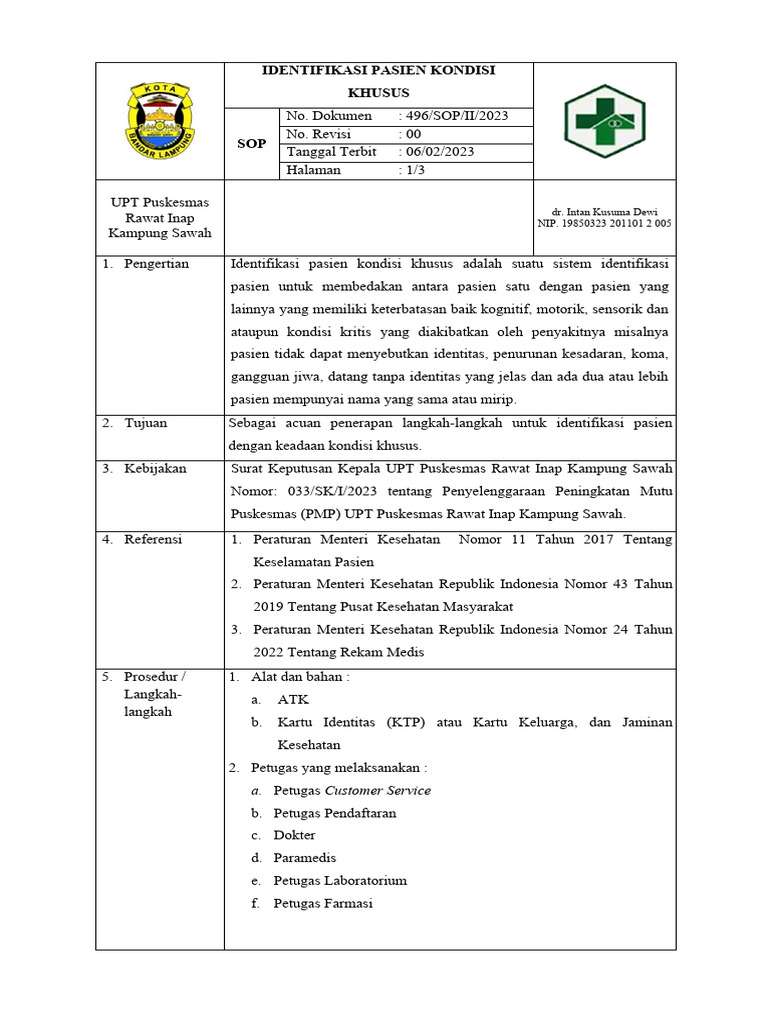 Sop Identifikasi Pasien Kondisi Khusus | PDF | Pengembangan Diri | Sains & Matematika