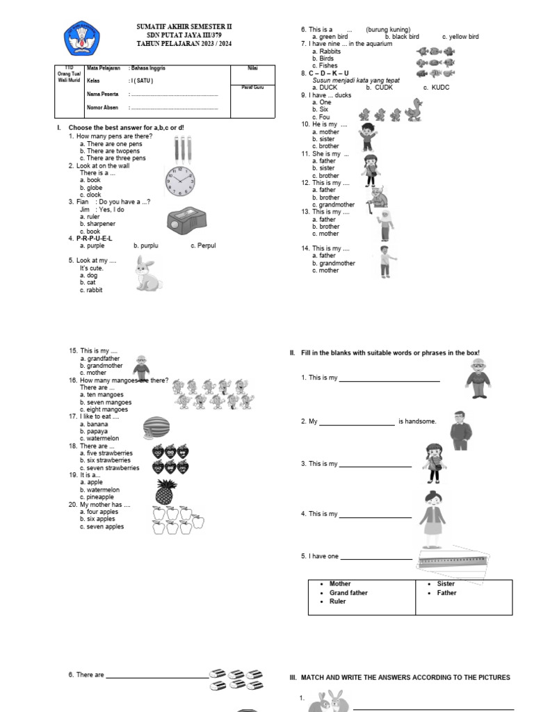 English Final Exam Grade 1 2023 2024 Pdf