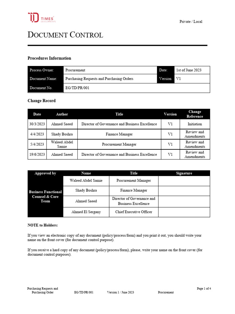 Procedures RACI, SLA & OLA EG - TD - PR - 001 - Purchasing Requests and Purchasing Orders | PDF ...
