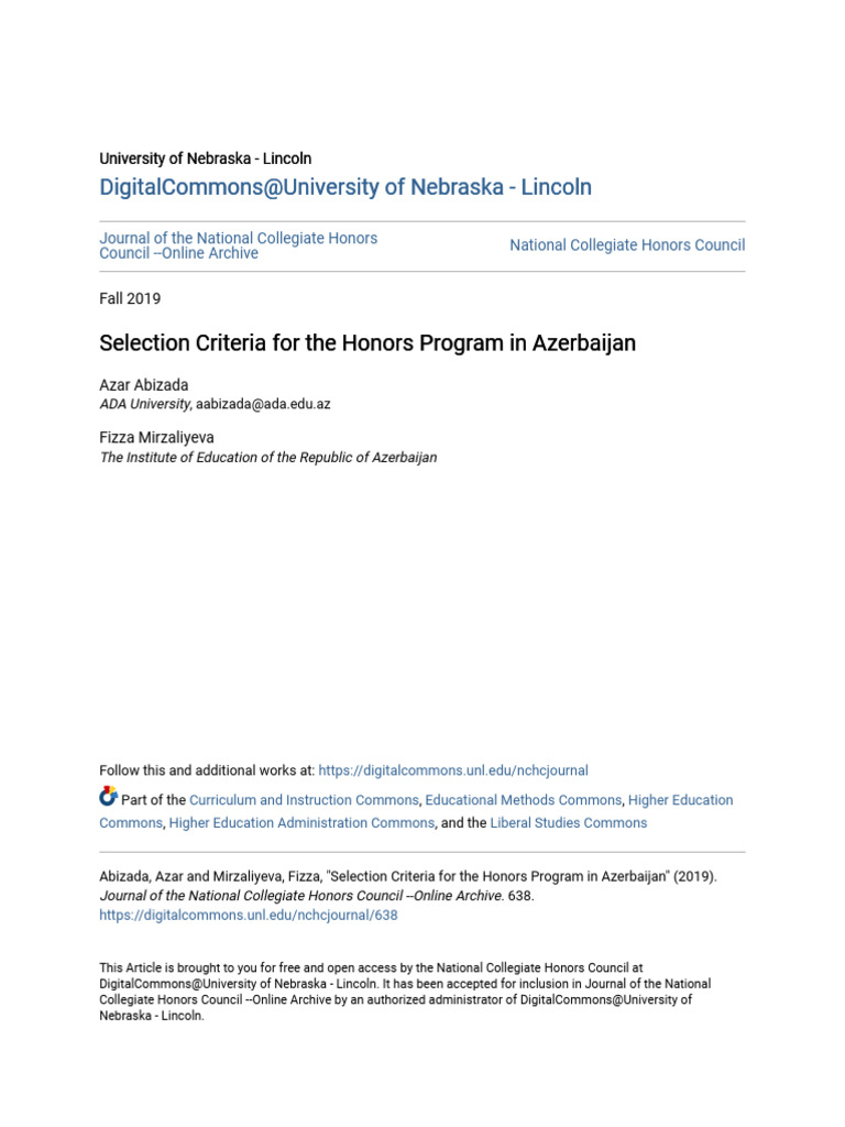 Selection Criteria for the Honors Program in Azerbaijan | Download Free PDF | University And ...