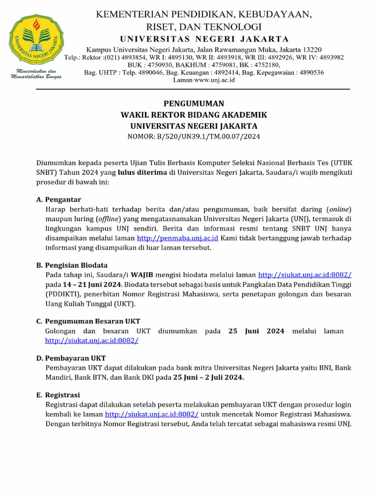 Pengumuman Kelulusan SBMPTN Unj 2024 | PDF