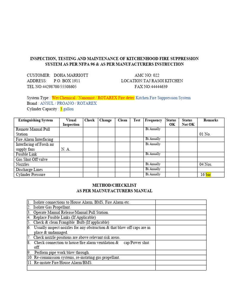 Inspection Report - Wet Chem Kitchen Hood System | Download Free PDF ...