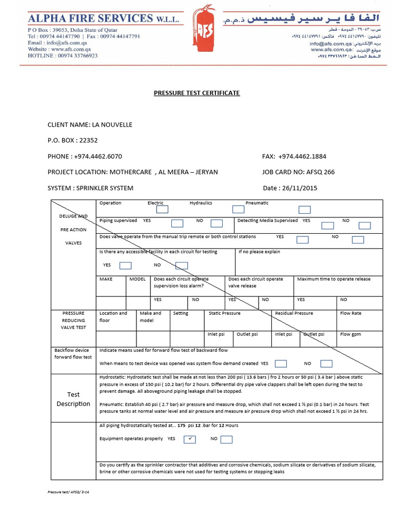 Pressure Test Certificate - Claires | PDF | Fire Sprinkler System | Valve