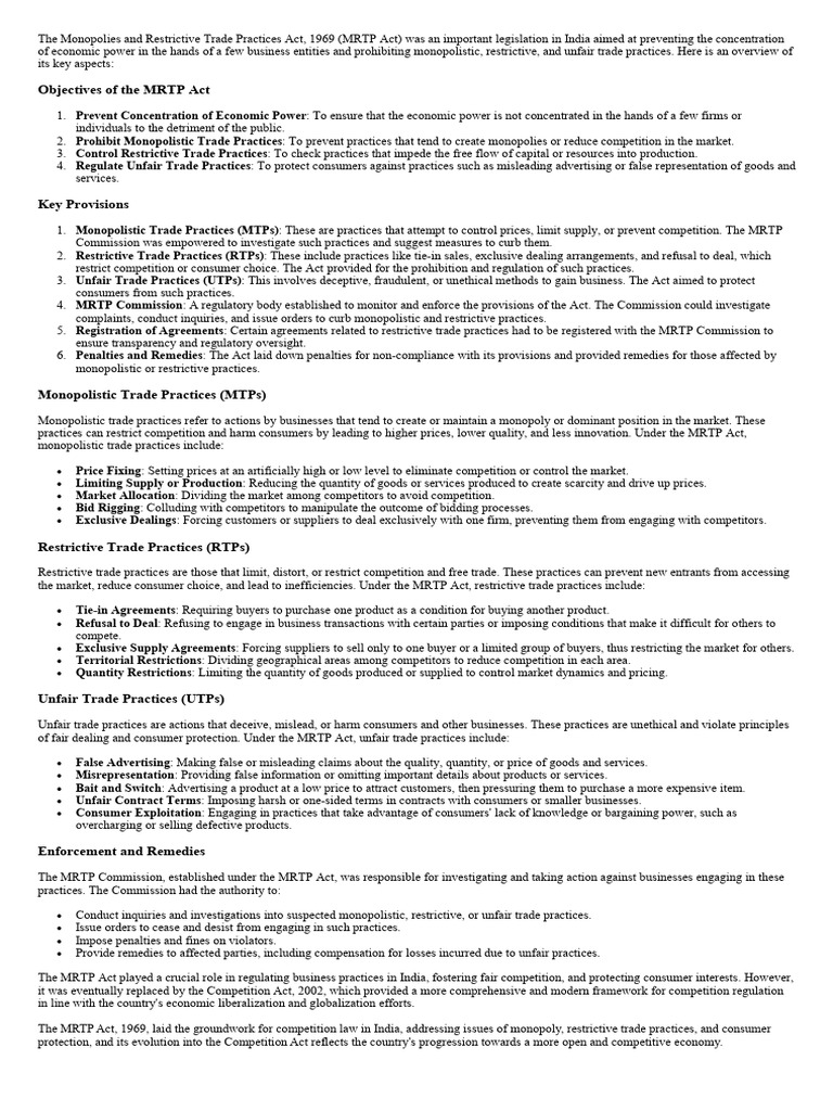 MRTP Act 1969 | Download Free PDF | Monopoly | Market (Economics)