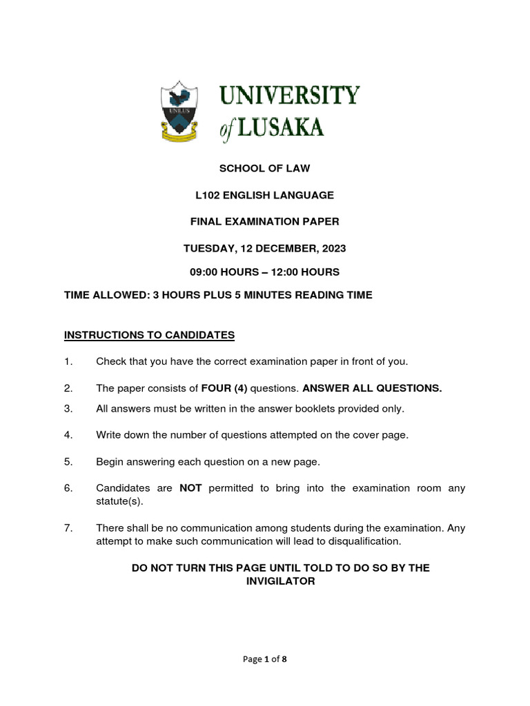 L102 2023 Semester 2 Final Exam | PDF | Clothing