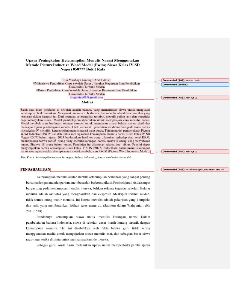 Upaya Peningkatan Keterampilan Menulis Narasi Menggunakan Metode Picture Inductive Word Model | PDF