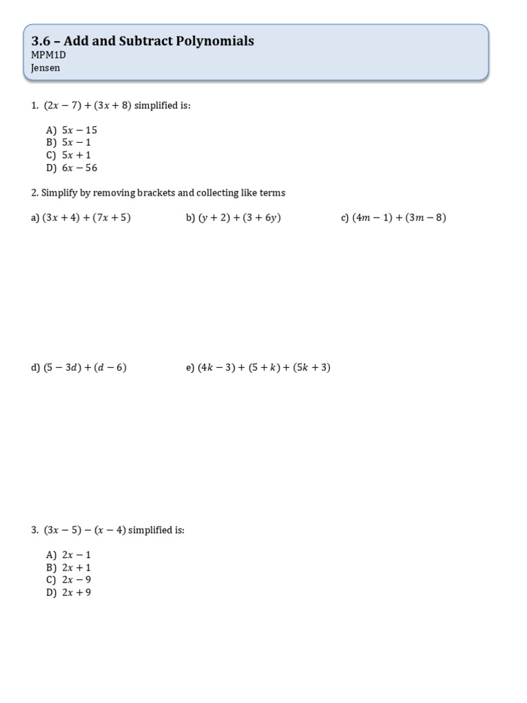 3.6 - Add and Subtract Polynomials | PDF | Mathematics | Algebra