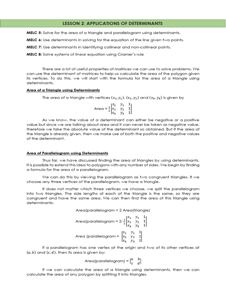 Q2 Lesson 2 - Applications of Determinants | PDF | Area | Triangle