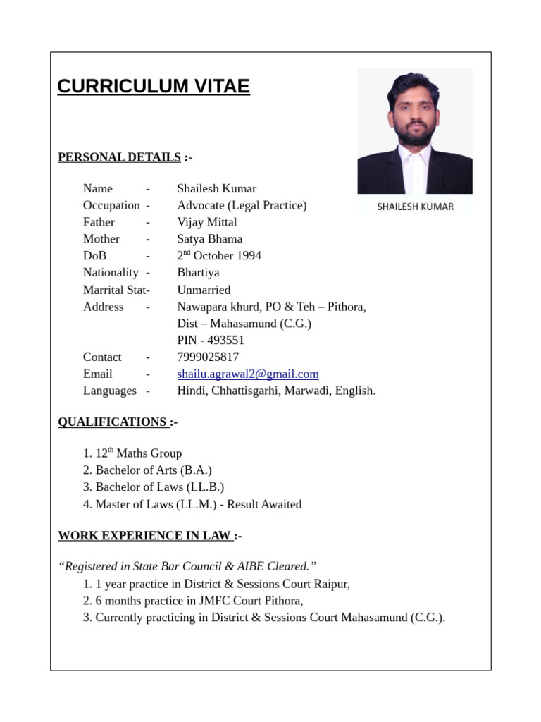 Shailesh Kumar - Advocate CV | PDF