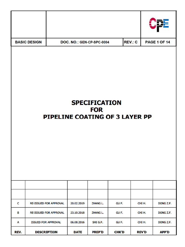 GEN-CP-SPC-0004 Specification For Pipeline Coating of 3 Layer PP | PDF