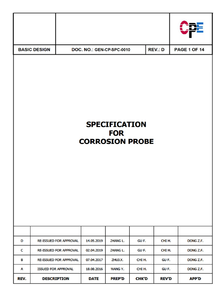 GEN-CP-SPC-0010 Specification For Corrosion Probe | PDF