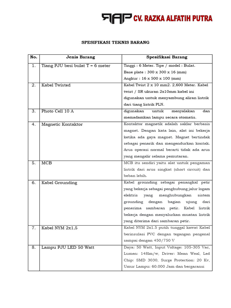 Spesifikasi Teknis Barang Marannu | PDF