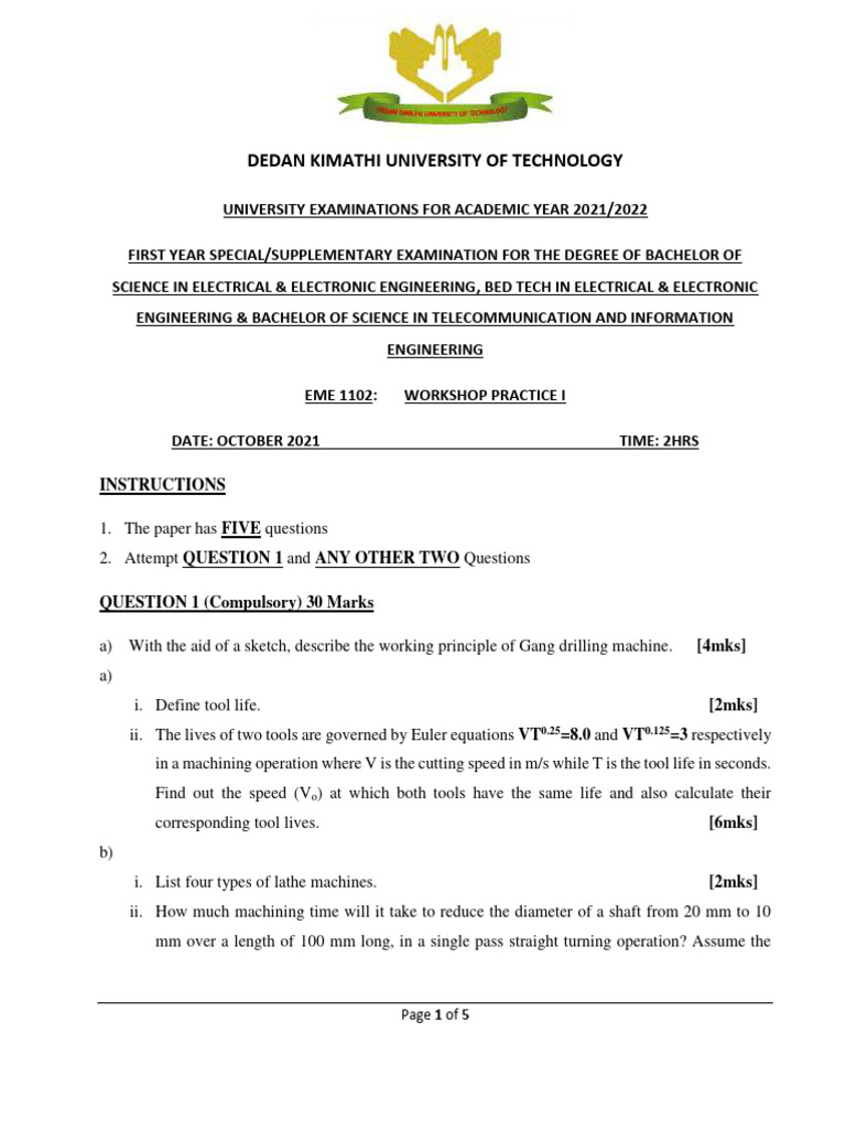 EME 1102 WORKSHOP PRACTICE I Supplementary 2021 | PDF | Machining | Welding