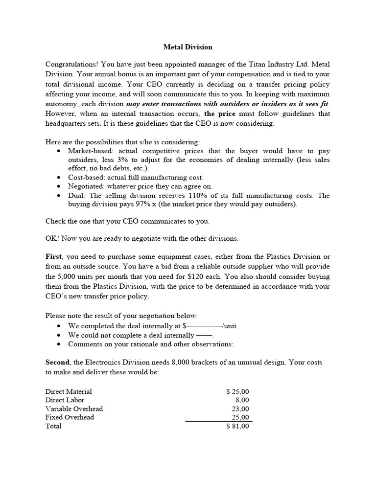 Metal Division Transfer Pricing Strategy | PDF | Prices | Pricing