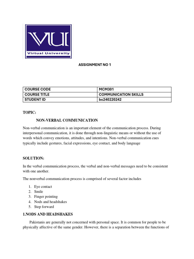 Assignment No 1 (Communication Skills) | PDF | Nonverbal Communication | Communication