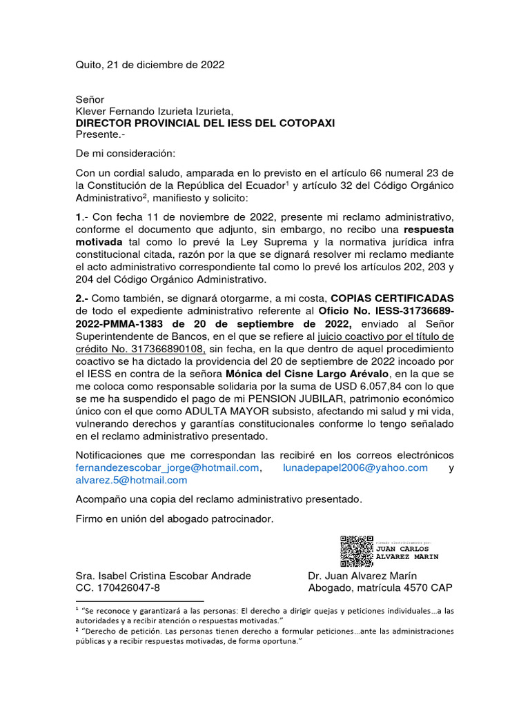 Insistencia Iess PARA RESPUESTA | PDF | Derecho Constitucional | Gobierno