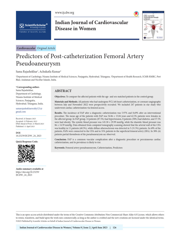 Predictors of Post-Catheterization Femoral Artery Pseudoaneurysm | PDF ...