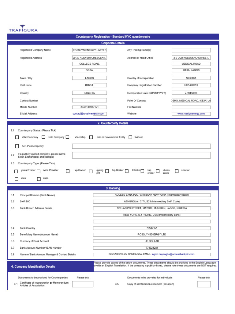 Standard KYC Questionnaire for Rosslyn Energy | PDF | Business ...
