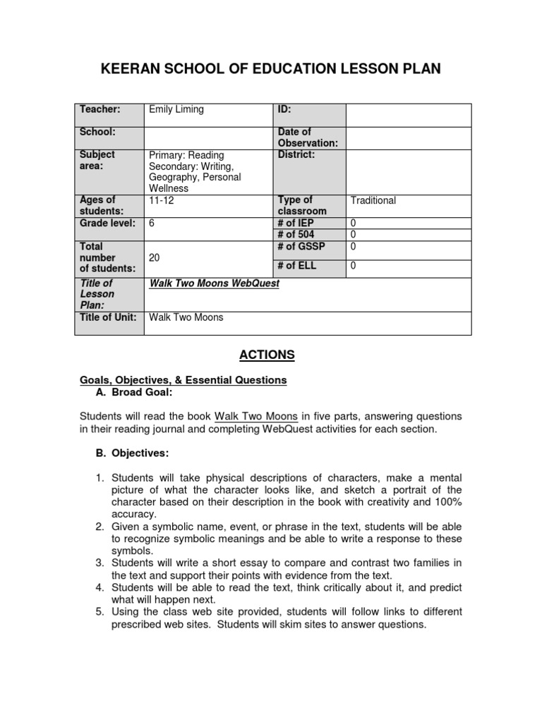 Walk Two Moons WebQuest Lesson Plan | PDF | Reading Comprehension | Lesson Plan