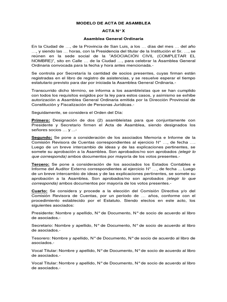 Modelo de Acta de Asamblea General Asociaciones | PDF | Contralor ...