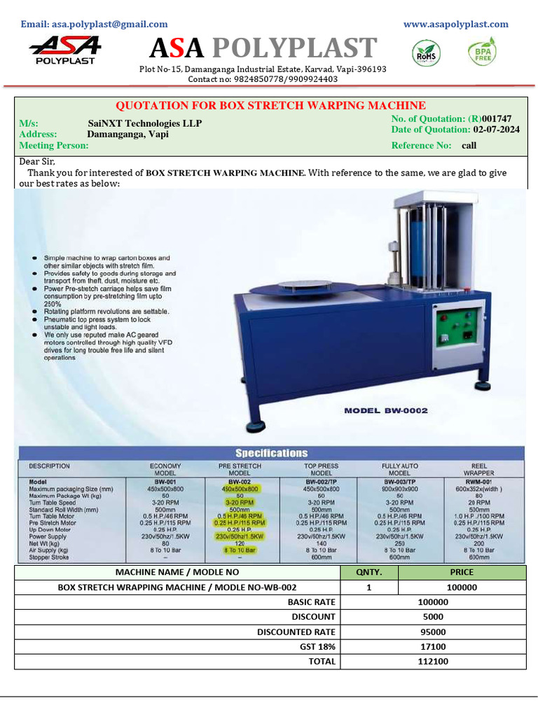 Quotation For Box Stretch Warping Machine | PDF | Taxes | Economies