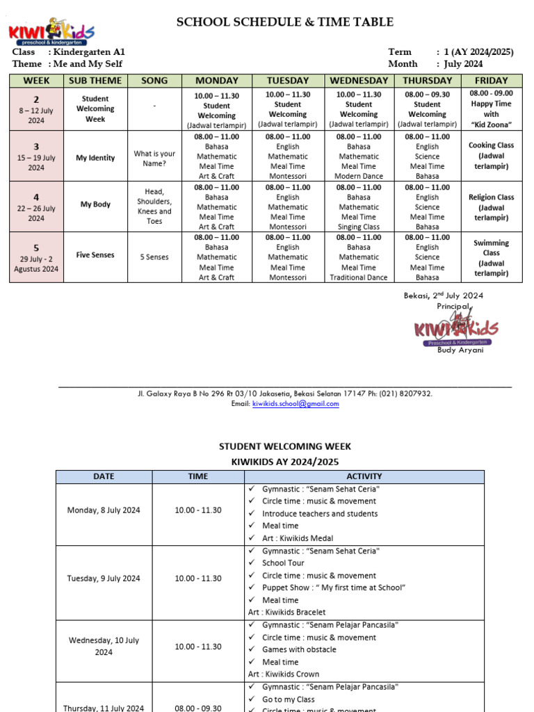 Kindergarten A1 July 2024 Schedule | PDF