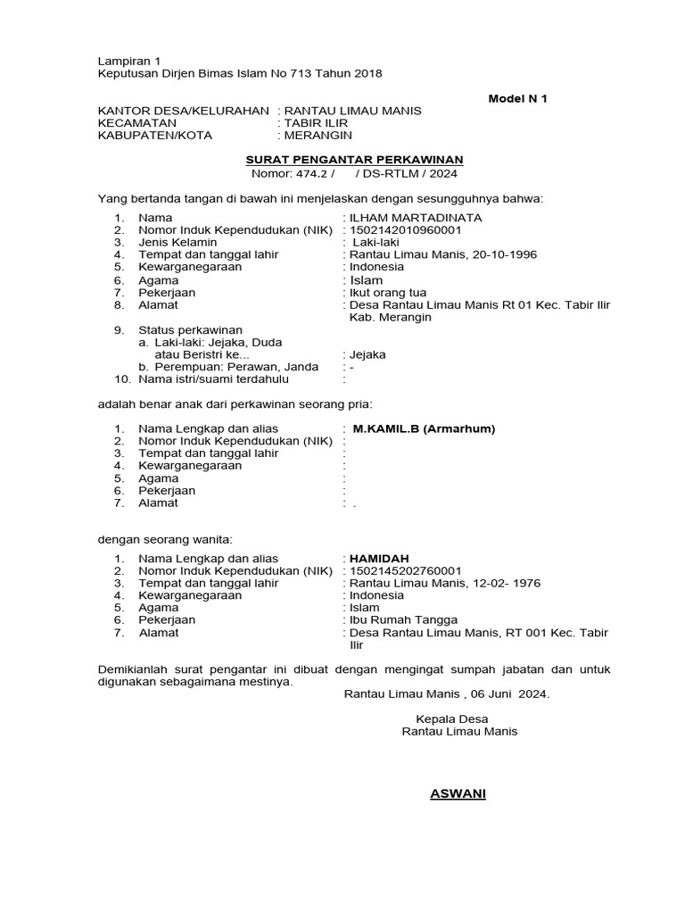 MODEL N TERBARU SESUAI Keputusan Dirjen Bimas Islam No 713 Tahun 2018 | PDF | Politik | Ilmu Sosial