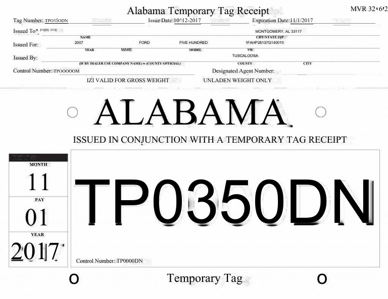 Alabama Temporary Tag Receipt Template | PDF