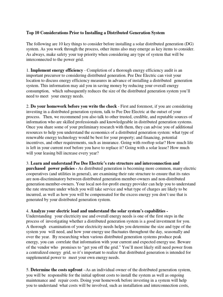 Top 10 Considerations Before Installing A Distributed Generation System | PDF | Distributed ...