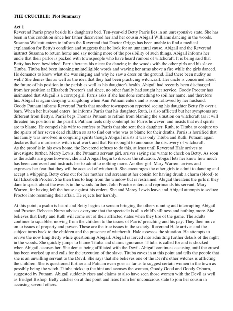 The Crucible Summary | PDF | Witch Trials | Early Modern Witch Hunts