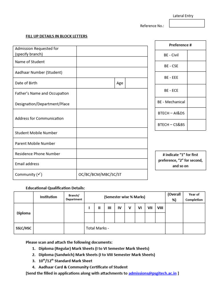 LE BE B TECH Application For Admission 2024 2025 PDF
