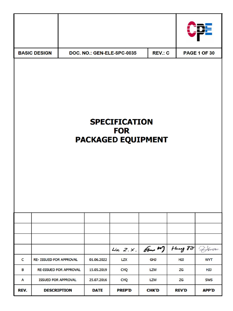 GEN-ELE-SPC-0035 Specification For Packaged Equipment | PDF