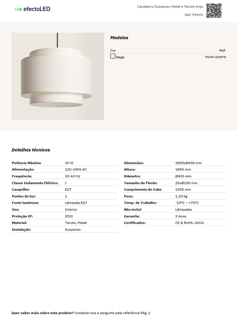 Candeeiro Suspenso Metal e Tecido Arija | PDF | Cor | Lâmpada incandescente