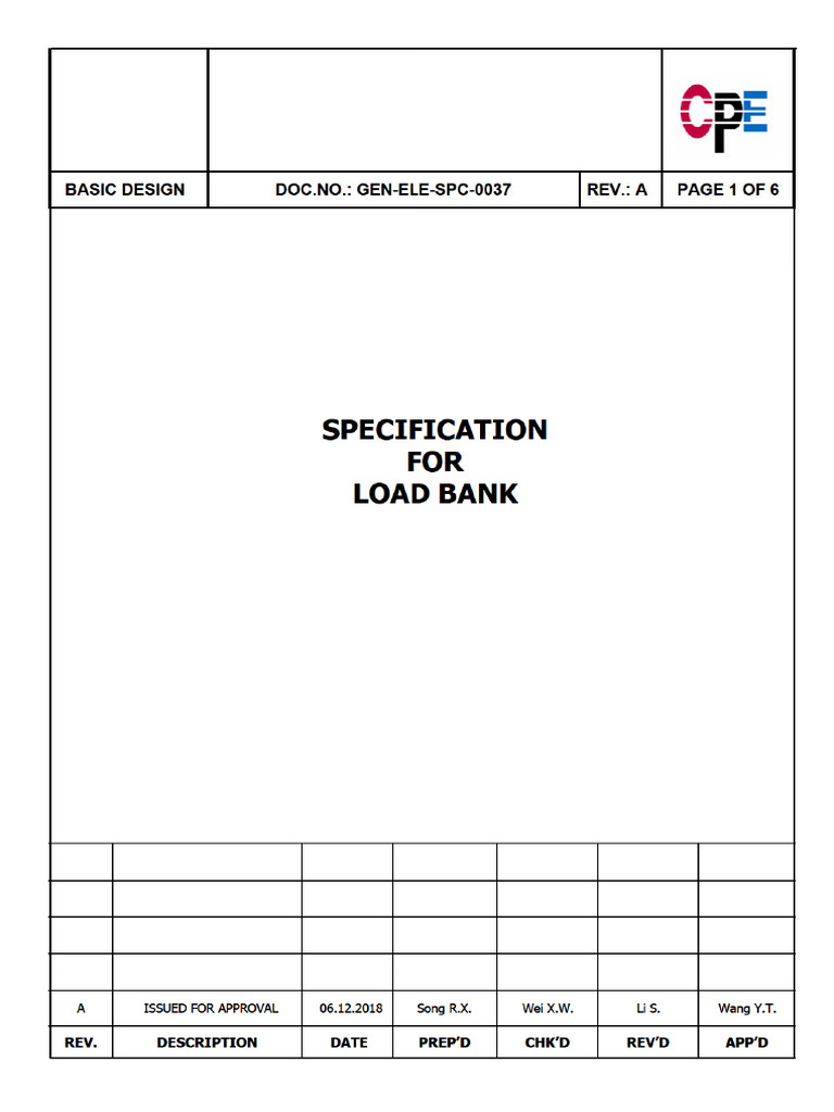 GEN-ELE-SPC-0037 Specification For Load Bank | PDF