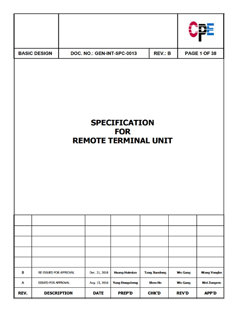 GEN-INT-SPC-0013 Specification For Remote Terminal Unit | PDF