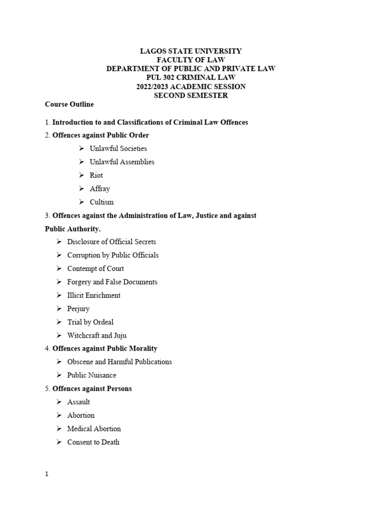 PUL 302 Criminal Law Course Outline | PDF | Crimes | Crime & Violence