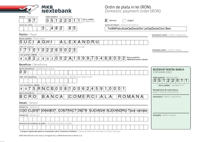 Romanian RON Payment Order Form | PDF