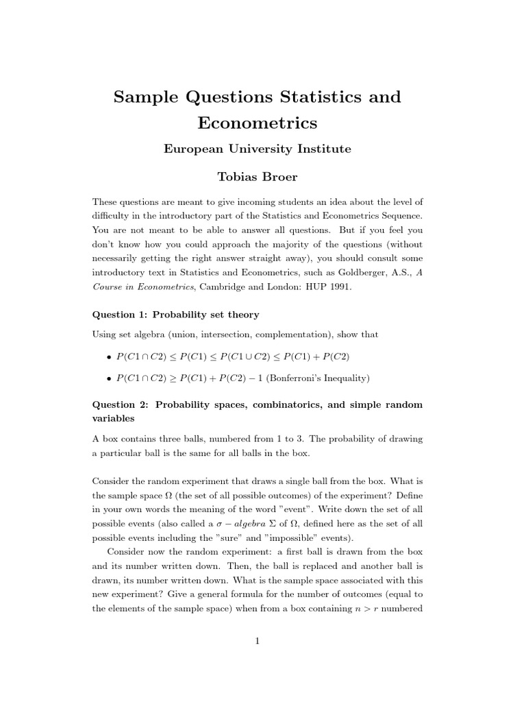 Sample Questions Statistics and Econometrics: European University Institute Tobias Broer | PDF ...