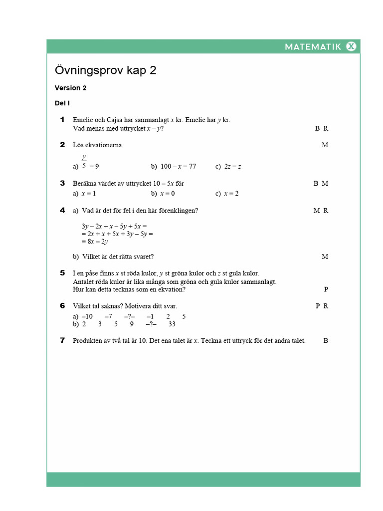 X Övningsprov Kap 2 Ver 2 v-1-1 | PDF
