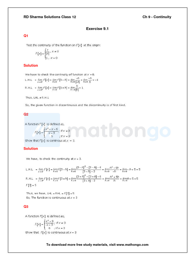 Class 12 Continuity Solutions | PDF